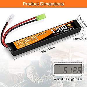Crazepony Airsoft Battery 7.4V Rechargeable 2S LiPo 1300mAh 25C Stick Battery with Mini Tamiya Connector for Airsoft Model Guns Rifle
