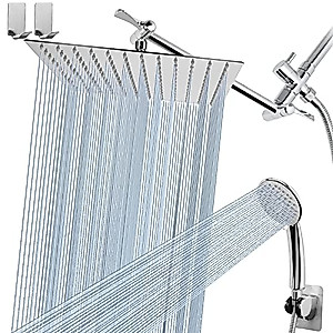 Shower Head Combo with 11'' Extension Arm，High Pressure Rain Shower Head with Handheld Shower Spray and Holder/ 1.5M Hose，Dual Rainfall Showerhead Set，Chrome (12 Inch)