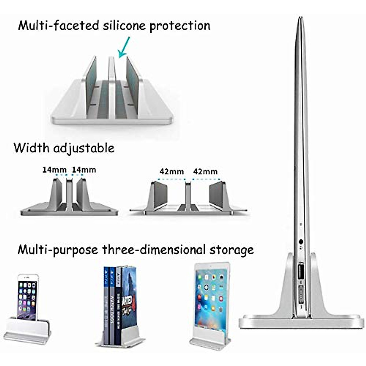 Universal Laptop Vertical Stand, Dual Desktop Stand Adjustable Notebook Stand (up to 17.3 inches) for Samsung/HP/Dell/Chrome Book laptops (Silver)