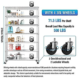 7 Tier NSF Wire Shelf Shelving Unit, 18 x 48 x 82 inch 2450lbs Capacity Heavy Duty Adjustable Storage Metal Rack with Wheels/Leveling Feet & Shelf Liners, Ideal for Garage, Kitchen, and More - Chrome