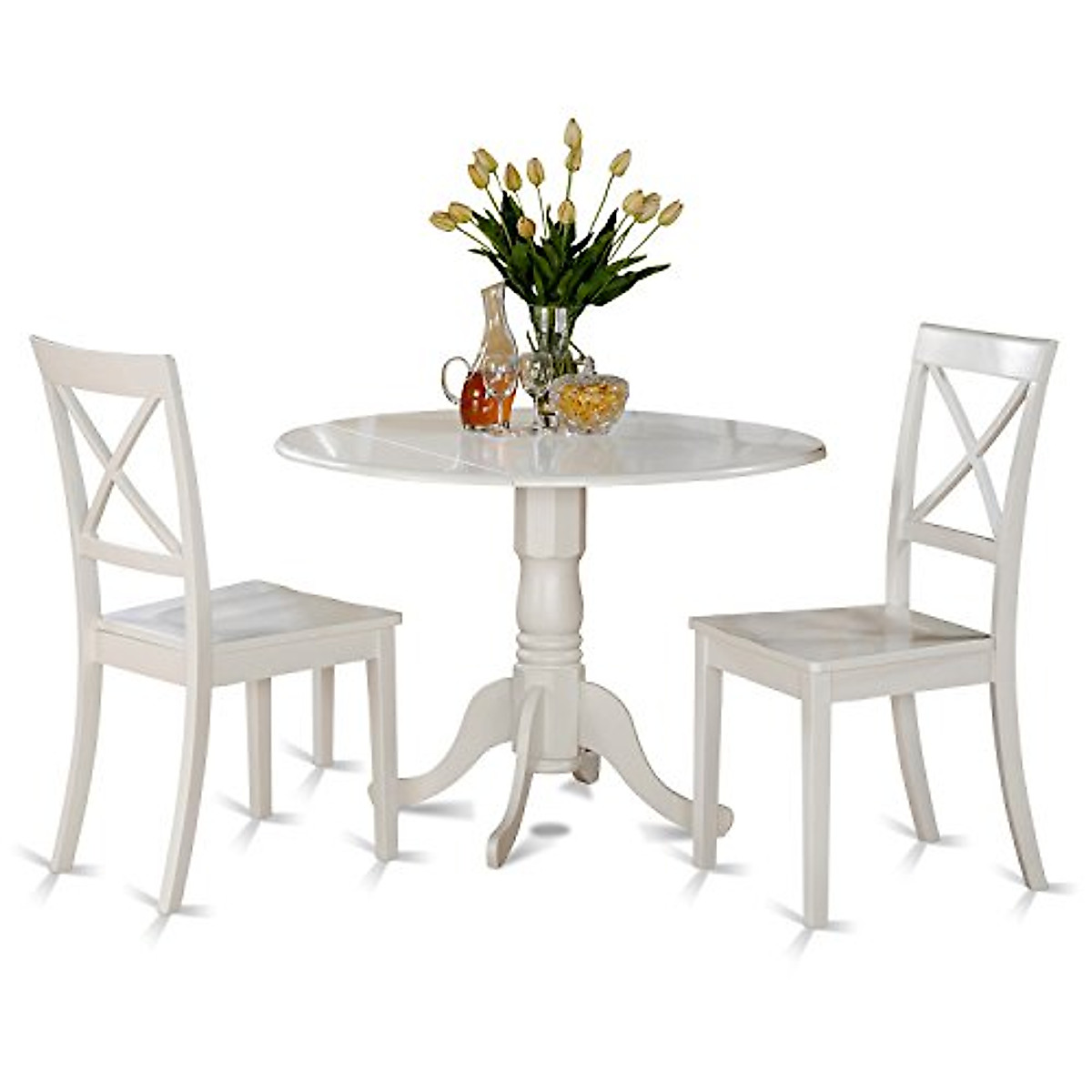 East West Furniture DLBO3-WHI-W 3 Piece Dining Room Table Set Contains a Round Kitchen Table with Dropleaf and 2 Dining Chairs, 42x42 Inch, Linen White