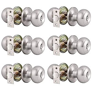 Gobrico Round Satin Nickel Keyed-Alike Entry Locks Knobs 6Pack, Front Enry Door Knobs with Lock and Same Key, Round Ball Style Locksets Door Handles