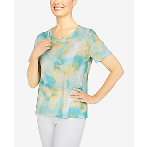 Alfred Dunner Womens Animal Tie Dye Burnout Top, Aqua/Lemon, S