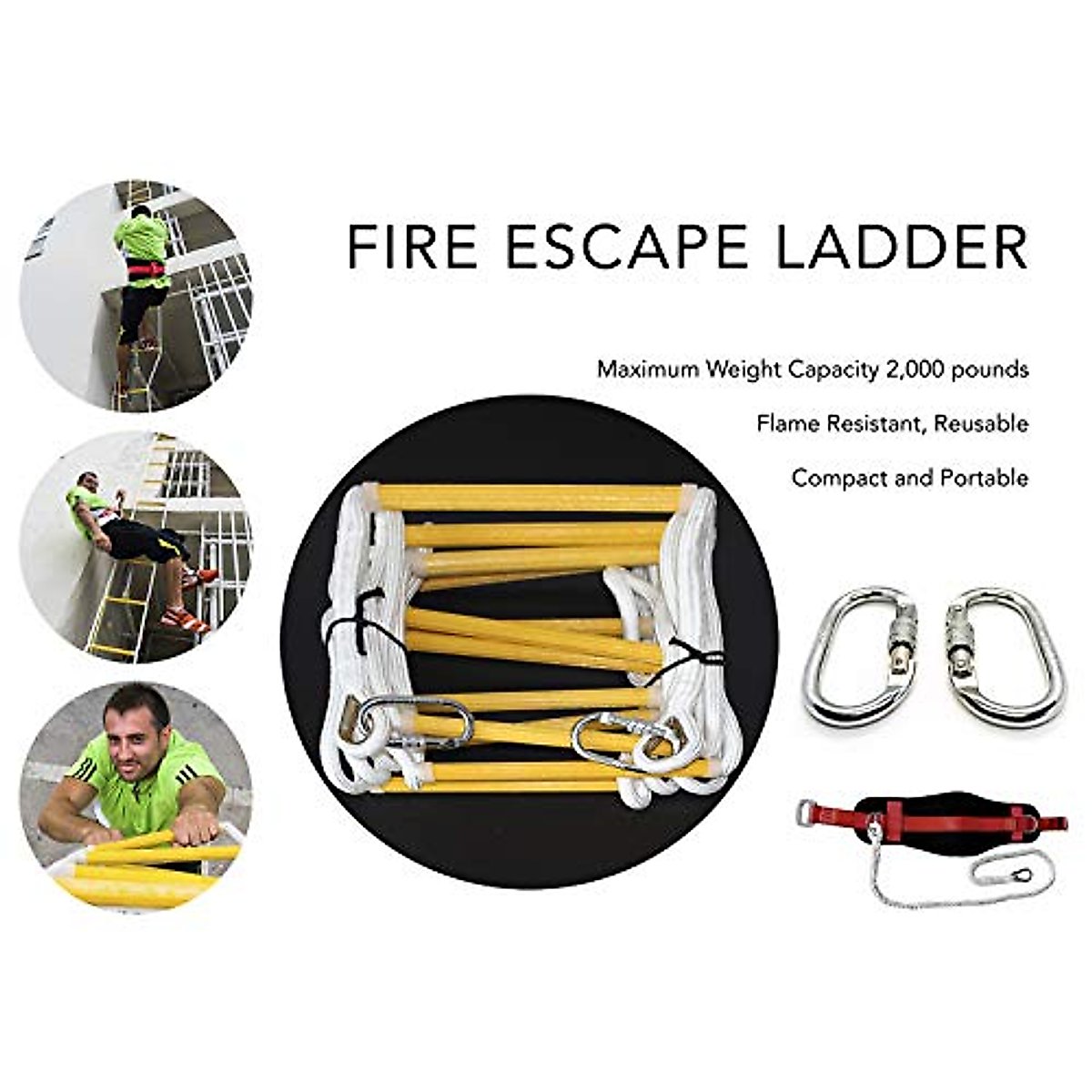 ISOP Emergency Fire Escape Rope Ladder 4 Story Homes 32 ft Innovative Solution - Unique Safety Ladder with Carabiners & Safety Cord & Safety Belt - Fast Deploy & Simple to Use - Compact & Reusable
