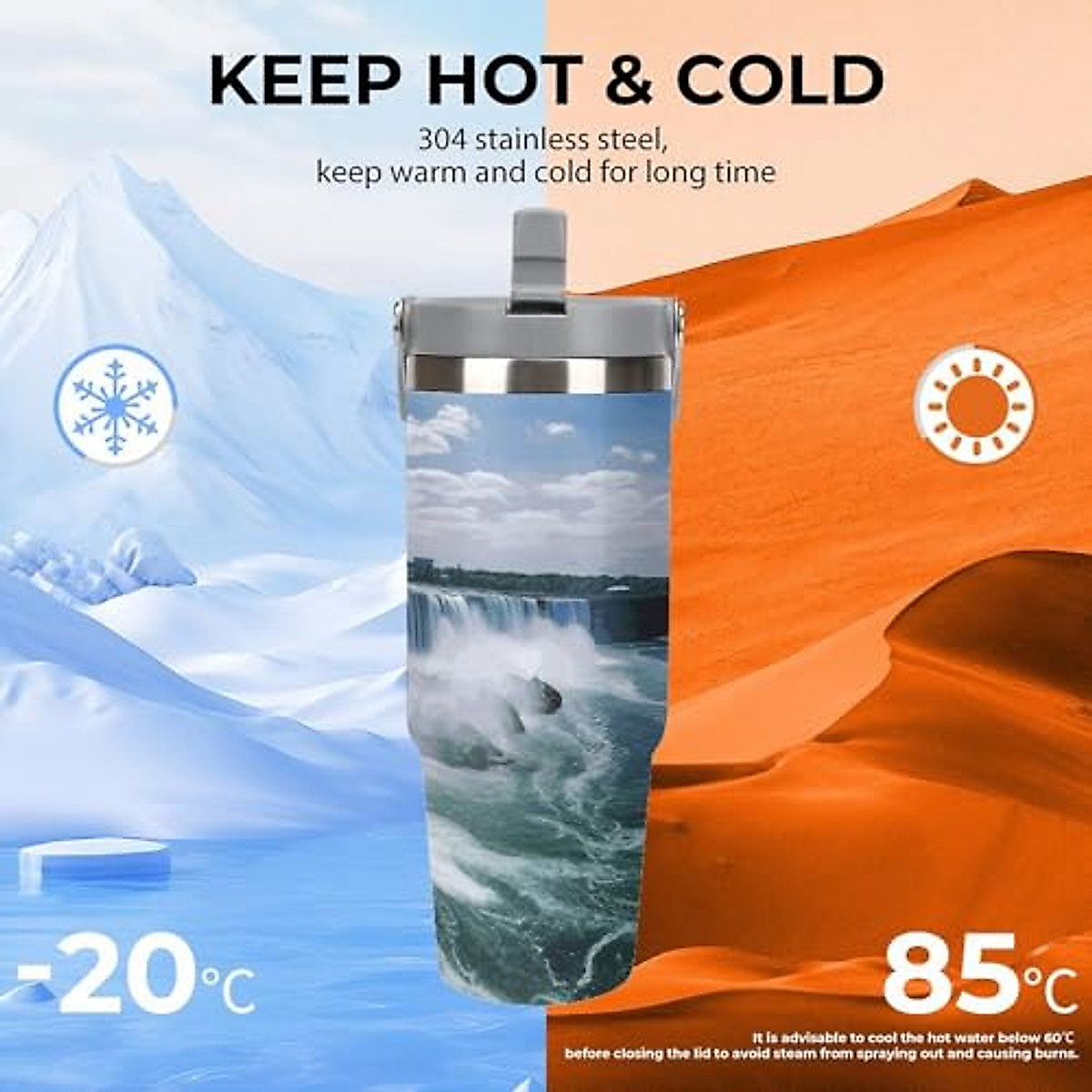 30oz Stainless Steel Insulated Tumbler with Flip Lid & Straw, Leakproof Travel Mug for Car, Niagara Falls Double Wall Vacuum Thermal Coffee Cup with Handle, Spill-Proof Design for Hot/Cold Drinks