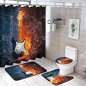 Fantasy Music Theme Guitar Shower Curtain Sets 4 Piece,Boys Room Decor Fire Water Flame Mist Electric Guitar Bathroom Decor Sets with Rugs Include Waterproof Non-Slip Toilet Lid Cover Bath Mat