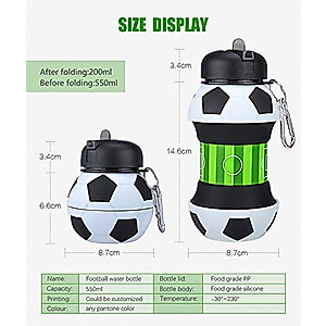 Louis Donné 12.4 x 10.3 x 9.7 cm folding silicon Soccer Water Bottle 100 percent food grade Collapsible Soccer Toddler Water Bottle with Carabiner for School outdoor Birthday Gifts for Boys and Girls