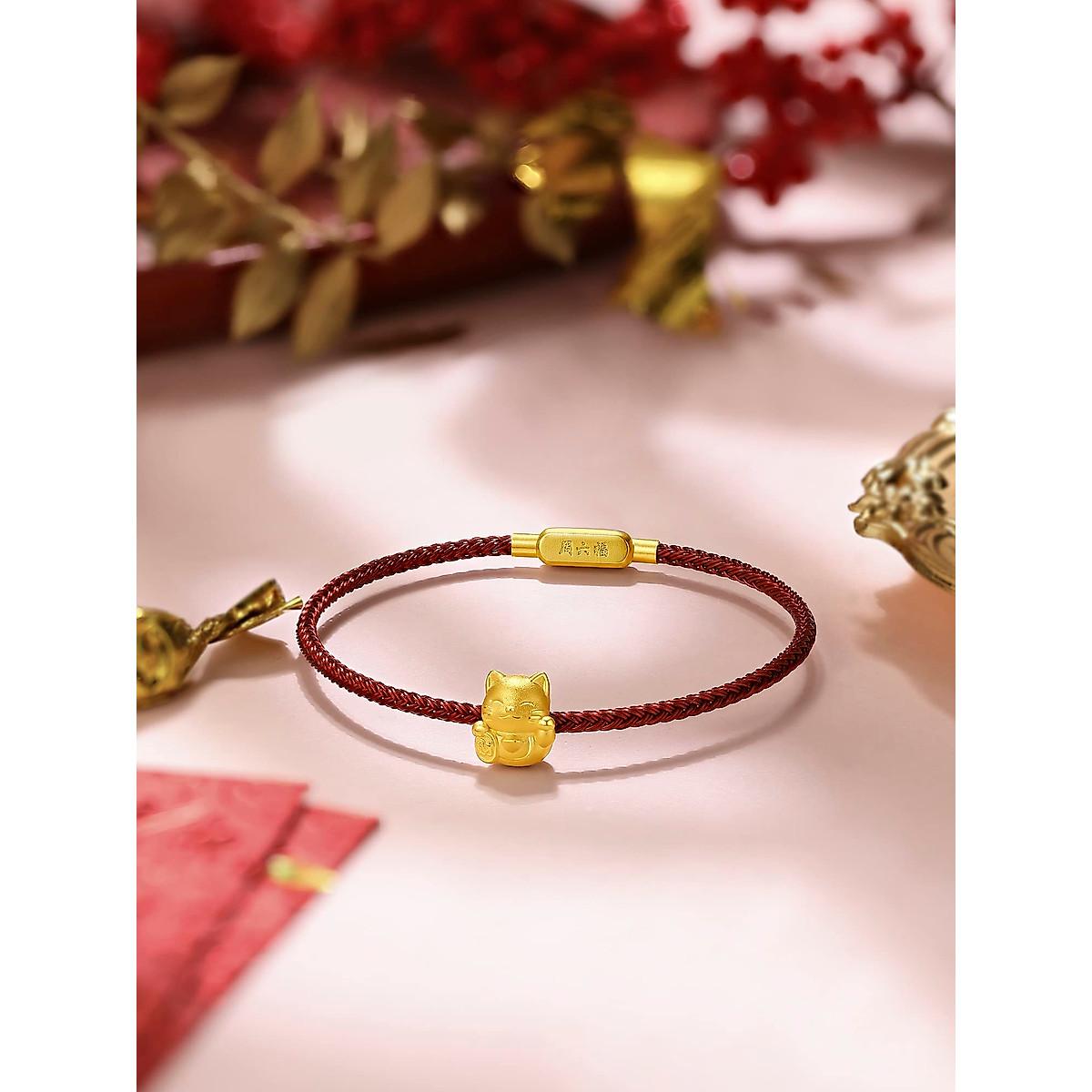 ZHOU LIU FU 24K Solid Gold Bracelet Real Gold Lucky Cat Charm Bracelet Yellow Gold Jewelry Fortune Cat Charm Bracelet for Women Red Bracelets (24K Solid Gold, 17cm /6.69 inch)