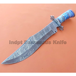 Handmade Damascus Steel Hunting Bowie Knife Full Tang Fix Blade 15' Inches Color Camel Bone Handle Comes With Leather Sheath Personalized Gift for Him