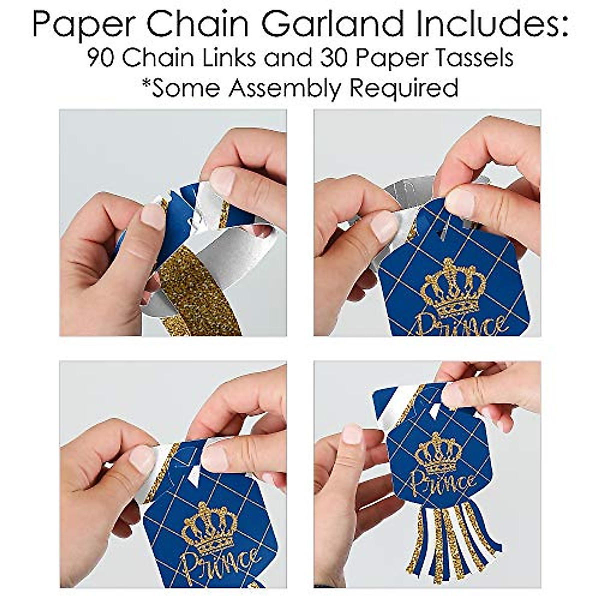Big Dot of Happiness Royal Prince Charming - 90 Chain Links and 30 Paper Tassels Decoration Kit - Baby Shower or Birthday Party Paper Chains Garland - 21 feet