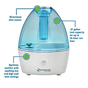 Pure Guardian H910BL Ultrasonic Cool Mist Humidifier, 14 Hrs. Run Time, 210 Sq. Ft. Coverage, Small Rooms, Quiet, Filter Free