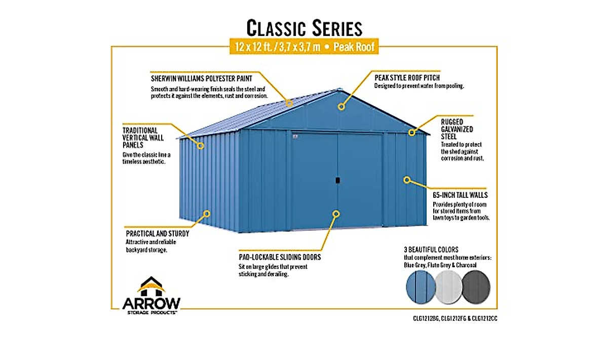 Arrow Shed Classic 12x12 Steel Storage Shed in Charcoal - Durable & Secure