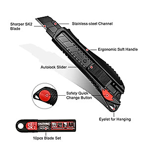 HAUTMEC 18mm Utility Knife Box Cutter with Quick Change Button and 10pcs Blade Set, Retractable Snap off Black SK2 Ultra Sharp Blade, Anti-Slip Ergonomic Rubber Handle HT0094-KN