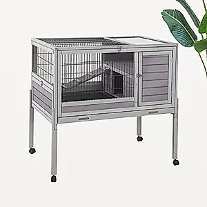 MEDEHOO Rabbit Hutch with Wheels Indoor Outdoor Guinea Pig Cage with 3 Access Doors, Pull-Out Tray, Removable Wire Mesh and UV Proof Panel(39.7 Inch)