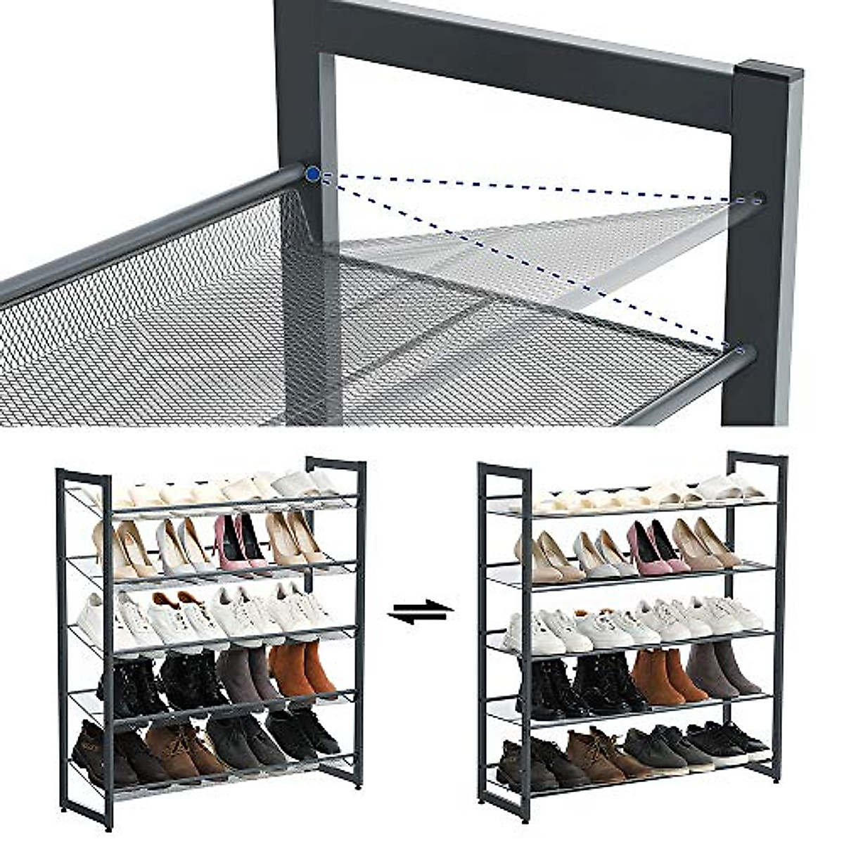 SONGMICS Shoe Rack, 5-Tier Stackable Shoe Storage Shelf, Metal Mesh, Flat or Angled Shoe Organizer Rack for 20 to 25 Pairs of Shoes, Short Boots, High Heels, Grey