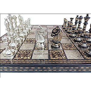 12" Solid Brass Metal Chess Set Pieces & Board with Velvet Storage Box | Brass Metal Luxury Chess Set | Antique Chess Set for Gifts