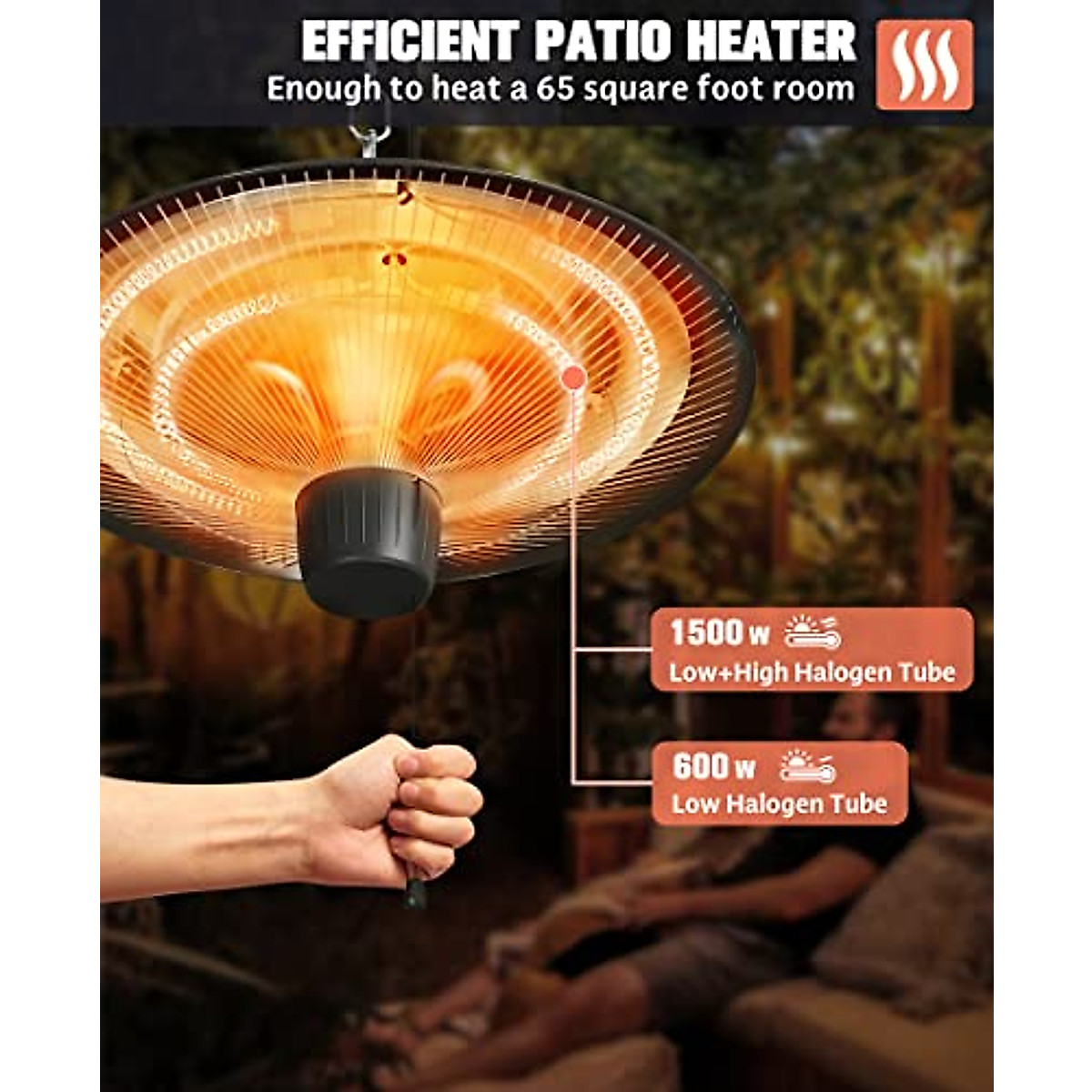 Hanging Patio Electric Heater, 1500W Outdoor Indoor Infrared Heater with 2 Adjustable Modes, Ceiling Mounted Outside Electric Heater, IP45 Waterproof, Black