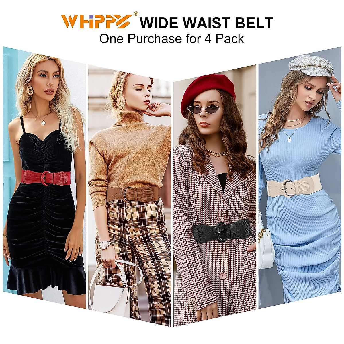 WHIPPY 4 Pack Women Wide Elastic Waist Belt Vintage Stretchy Belt Waistband for Ladies Dresses, Black/Brown/Red/Beige, M
