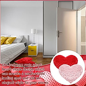 2 Pieces Valentine's Day Fluffy Faux Area Rug Heart Shaped Rug Fluffy Room Carpet 20 x 24 Inch Long Plush Room Carpet Entrance Welcome Mat Carpet for Home Living Room Sofa Floor Decorative Red Pink