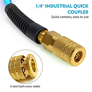 FYPower Air Compressor Hose 1/4 Inch x 50 Feet Reinforced Polyurethane (PU) Air Hose with Fittings, Bend Restrictors, 1/4" Industrial Quick Coupler and Plug Kit, Blue