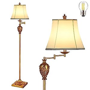 Traditional LED Floor Lamp with 350° Adjustable Swing Arm Lamp – Vintage Pole lamp Swing arm for Living Room, Bedroom and Office – Rustic Upright Floor Light for Home Décor with Silk Fabric Shade