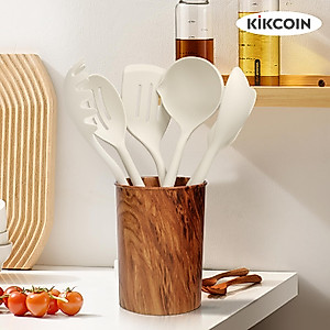 Kikcoin Large Kitchen Utensils Set - 7 PCS Silicone Cooking Utensils Set Heat-resistant 446 °F, Wooden Handle with Plastic Utensil Holder, BPA Free Spatula Ladle Spoons for Non-stick Cookware, Beige