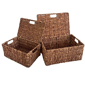 America Basket Woven Grass Rectangular Lidded Storage Baskets (Set of 2) Brown