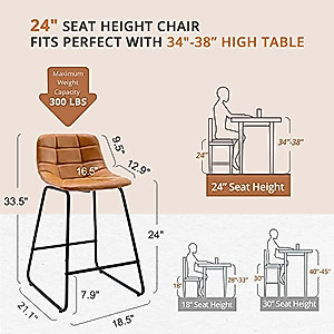 LUE BONA Counter Height Bar Stools, Indoor/Outdoor Mid Century Modern Upholstered Checkered Pattern Leather Dining Chair with Metal Legs, 24" Bar Stools Set of 4, for Kitchen Island, Whiskey Brown