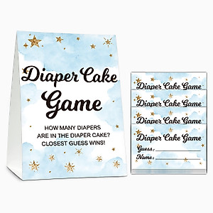 Baby Shower Game Set, Diaper Cake Games(1 Standing Sign + 50 Guessing Cards), Moon and Stars Guess How Many Diapers Party Game, Sleepover Theme Gender Reveal Party Favor Decor(A06)