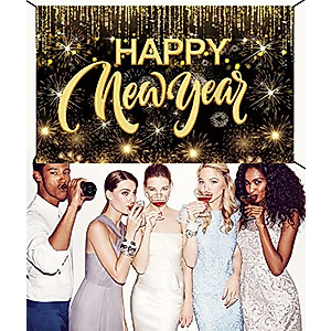 Happy New Year Hanging Extra Large Fabric Sign Poster Background Banner with Firework Pattern for New Year Party Decorations