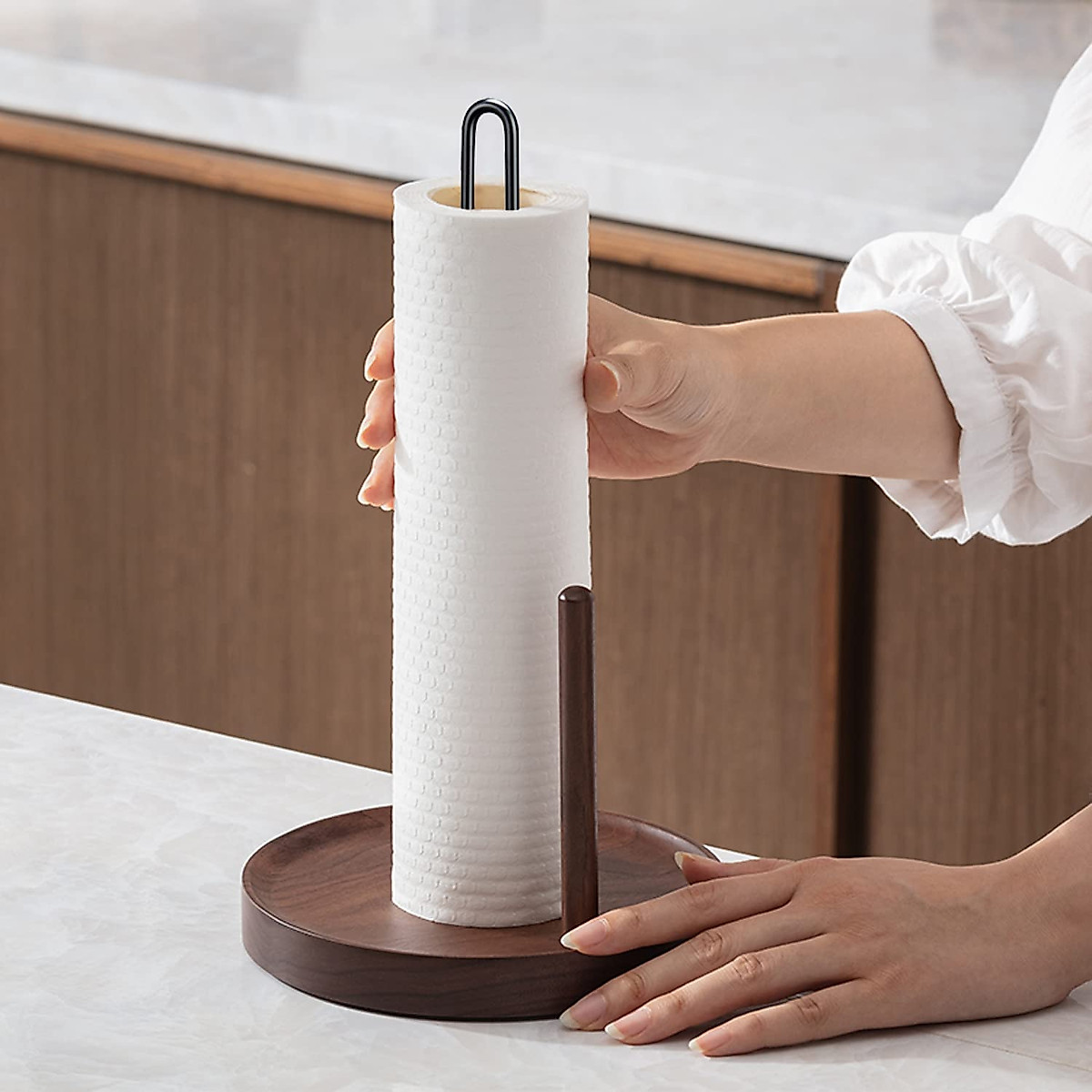 Vineet Modern Farmhouse Paper Towel Holders for Kitchen, Vintage Wire and Wood Countertop Paper Towel Holder Rustic Farmhouse Freestanding Paper Towel Holder with Real Wood Base