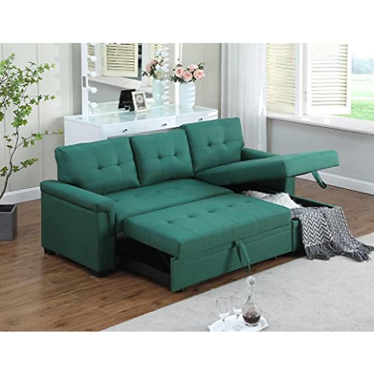 Eafurn 84'' Reversible Sectional Sofa Couch with Pull-Out Sleeper Bed, Line Fabric L-Shape 3-Seater Convertible Corner Sofa & Couches with Storage Chaise,Button Tufted Couch for Living Room