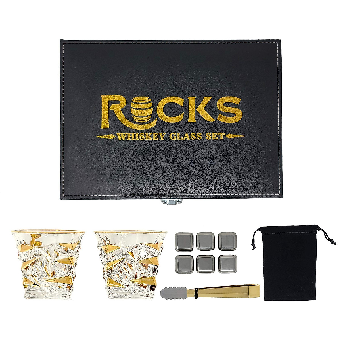 ROCKS Premium Crystal Whiskey Glass Set with Gilded Gold Glasses, Stainless Steel Chilling Stones and Quality Gold Serving Tongs. Great Gift for All Whiskey, Bourbon and Scotch Lovers!