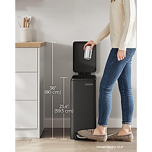 SONGMICS Slim Trash Can, 12.7-Gallon (48 L) Garbage Can for Narrow Spaces with Soft-Close Lid, Inner Bucket, and Step-on Pedal, Stainless Steel, 15 Trash Bags Included, Black ULTB510B48