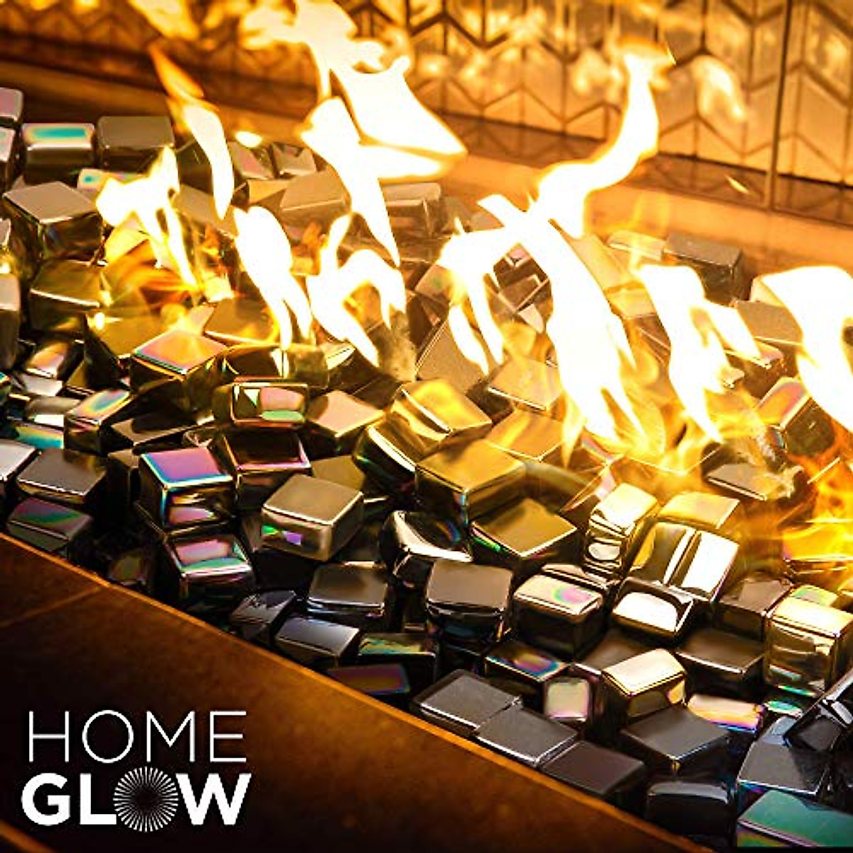 HOMEGLOW Fire Glass Cubes. Black Reflective Luster. Premium Tempered Square Glass Beads for Outdoor Fire Pit, Fire Table or Indoor Fireplace, Gas or Propane. 10 Pounds.