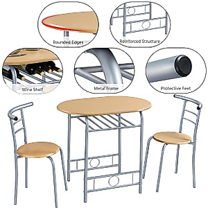 Topeakmart 3 Piece Kitchen Table Set - Dining Table Sets for 2 - Compact Table and Chairs w/Steel Frame & Shelf Storage for Small Spaces, Apartment,Bistro - Natural