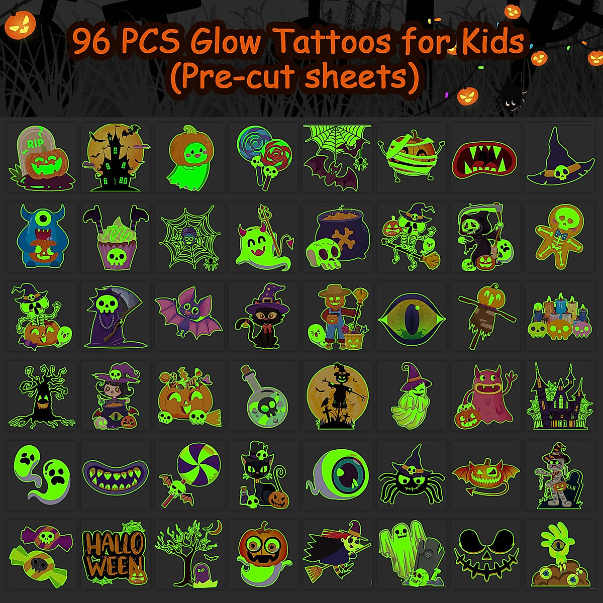 Konsait 96 PCS Halloween Temporary Tattoos for Kids, Pre-cut Glow in the Dark Fake Tattoos Halloween Kids Temporary Tattoos Halloween Party Favors Halloween Decorations Treats non Candy Prizes for Kid