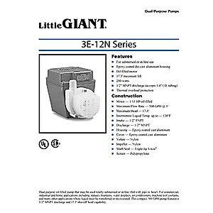 Little Giant 3E-12N, 115-Volt, 1/15 HP 500 GPH Oil-filled Direct Drive In-Line or Submersible Pump with 6-ft. Cord, Blue, 503103