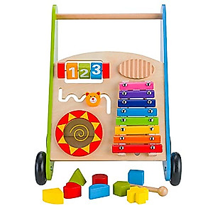 Wooden Baby Push Walkers for 1 Year Old Boys Girls, Push and Pull Learning Activity Center with Xylophone Shape Sorter Montessori Toys