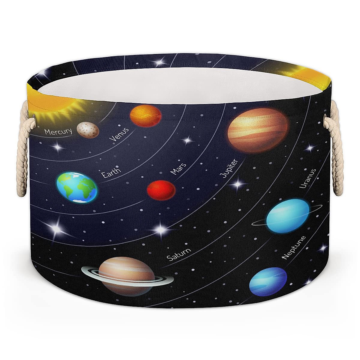 AUUXVA Universe Space Solar System Planets Round Storage Basket with Handles, Large Collapsible Toy Storage Baskets Bins Boxes Organizer Laundry Hamper for Nursery, Bedroom, Closet