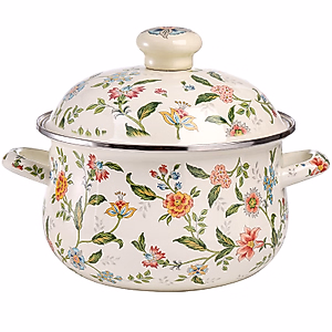 Jucoan 2.8 Quart Vintage Enamel Stockpot, Green Floral Enamel on Steel Stock Pot with Lid, Deep Enamelware Cooking Pot Stew Pot with Dural Handle for Stove Top, Gift for Housewarming Wedding Birthday