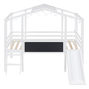 Kids House Bed with Slide, Twin Size Low Loft Bed with Light and Blackboard, Wood Treehouse Loft Bed with Ladder and Slats Support, White