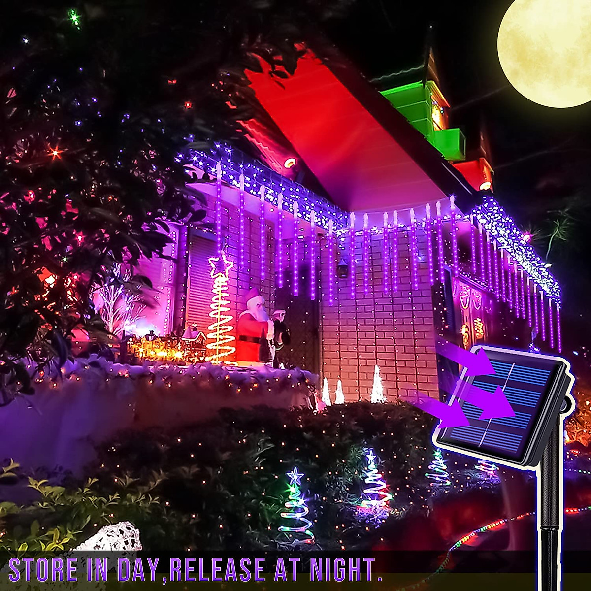 JMEXSUSS Purple Solar Christmas Lights Outdoor Waterproof, 8 Tube 144 LEDs Solar Meteor Shower Rain Lights, Solar Lights for Christmas Tree Halloween Patio Bush Holiday Party Decoration