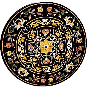 Pietra Dura Natural Black Marble Round 33" x 33" Inch Coffee Table Top, Black Marble Round Dining Table Top, Marble Centre Table Top, Piece Of Conversation, Family HeirLoom