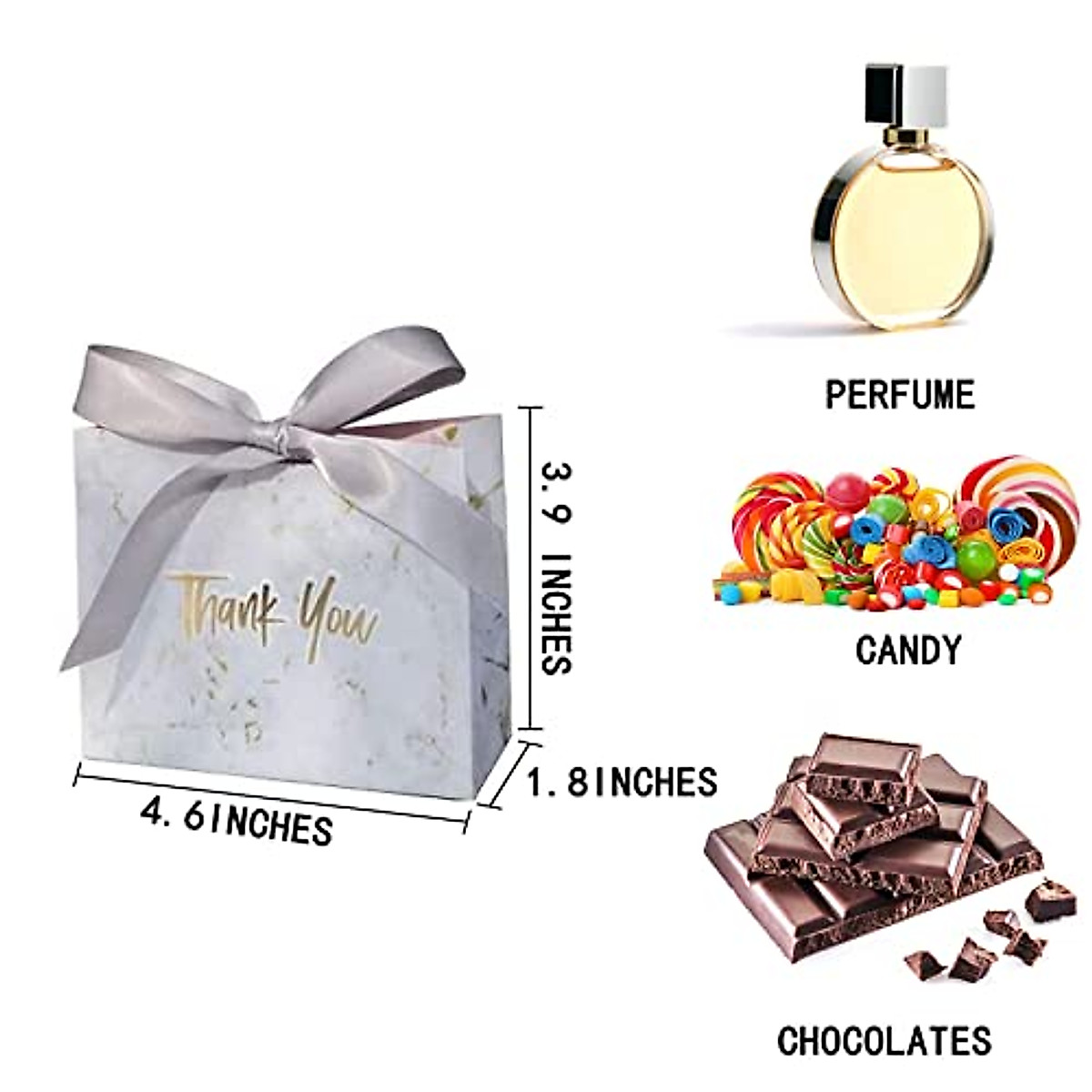 CheeseandU 24Pack Small Thank You Gift Bag Boxes Marble Pattern with Bowknot Decor Thank You Paper Bag for Wedding Baby Shower Thanksgiving Xmas Party Favor Candy Boxes, 4.5" Grey