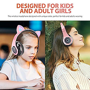 Niaviben Headphones Over-Ear Bluetooth 5.0 Wireless Cat Ear Headphones LED with Mic Headphone Support Wire and Wireless Mode for Kids and Girls Black