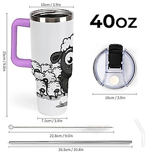 LLUTSNTH 40 Oz Vacuum Tumbler with Violet Handle Leakproof Insulated Tumbler Cartoon Black White Sheep Stainless Steel Travel Mug with Lid And Straw Coffee Cup Cute Water Bottles Cup Holder Friendly