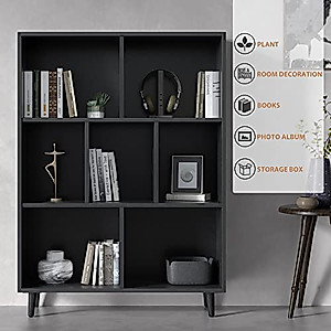 LAR-ME 3-Tier Bookshelf, Mid Century Bookcase with Legs, 7 Cube Wood Bookshelves Storage Organizer Shelf, Free Standing Narrow Book Shelves for Bedroom, Living Room, Office (Black)