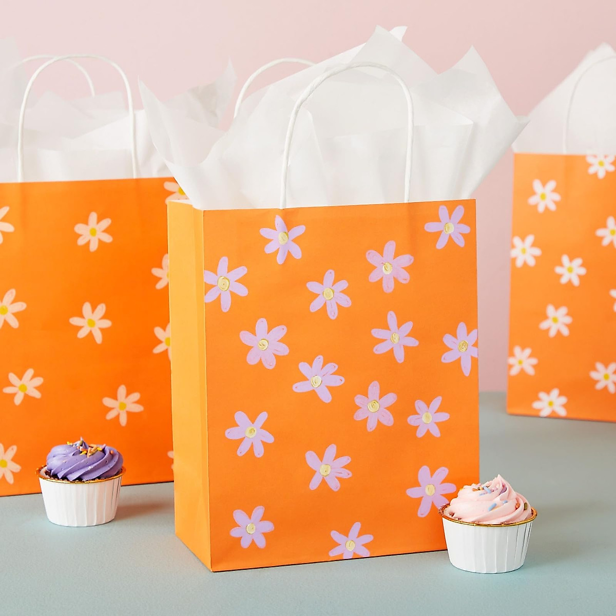 BLUE PANDA 25-Pack Orange Gift Bags with Handles - Medium Size Paper Bags for Birthday, Wedding, Retail (8x3.9x10 In)