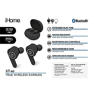 iHome XT-60 True Wireless Earbuds with Rechargeable Travel Case, Bluetooth Earphones with Microphone and Touch Control, Black